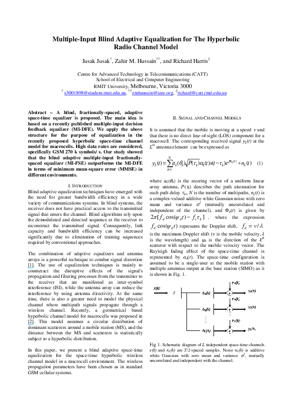 Multiple-Input Blind Adaptive Equalization for The Hyperbolic Radio Channel Model