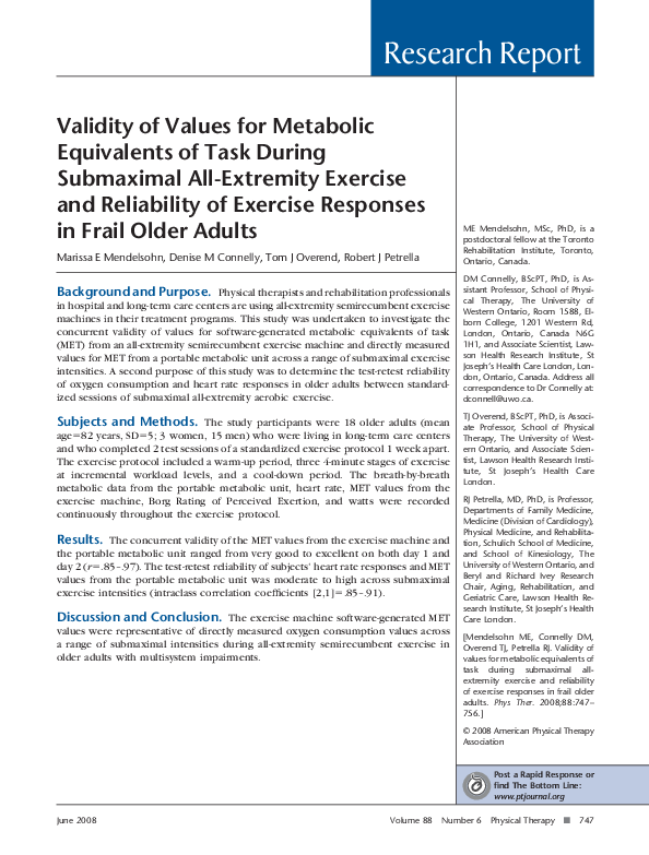 (PDF) Validity of Values for Metabolic Equivalents of Task During ...