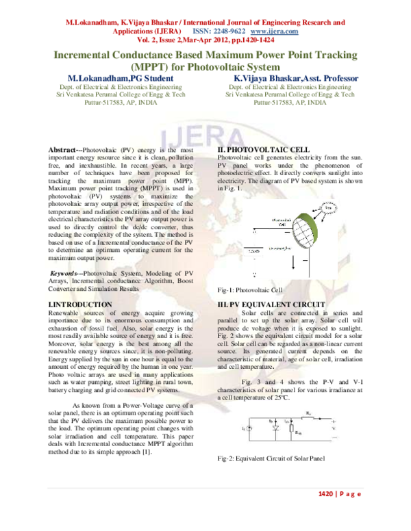 (PDF) Incremental Conductance Based Maximum Power Point Tracking (MPPT) for Photovoltaic System