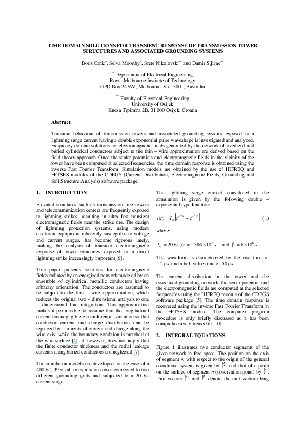 (PDF) Time Domain Solutions for Transient Response of Transmission Tower Structures and ...