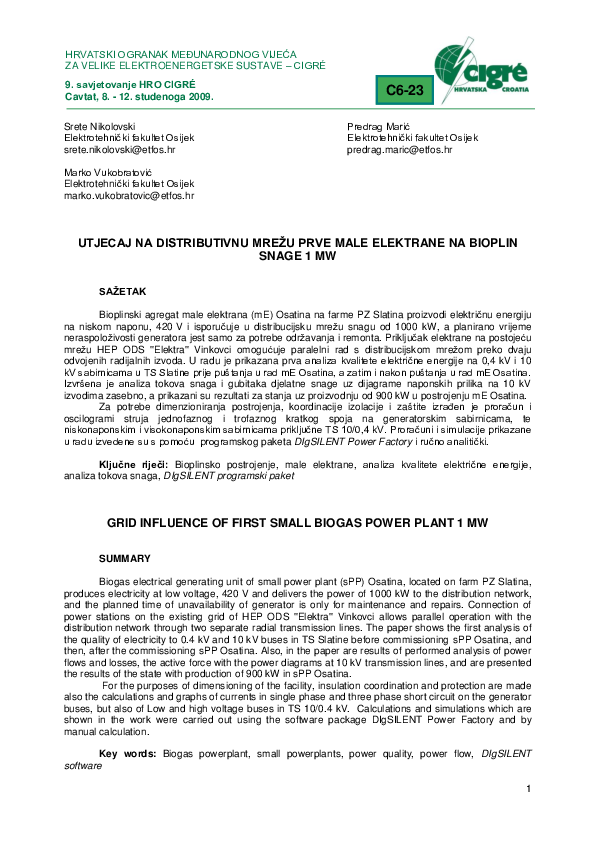 (PDF) Utjecaj Na Distributivnu Mrežţu Prve Male Elektrane Na Bioplin Snage 1 MW