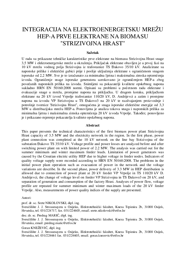 (PDF) Integracija Na Elektroenergetsku Mrežu Hep-A Prve Elektrane Na Biomasu ''Strizivojna Hrast