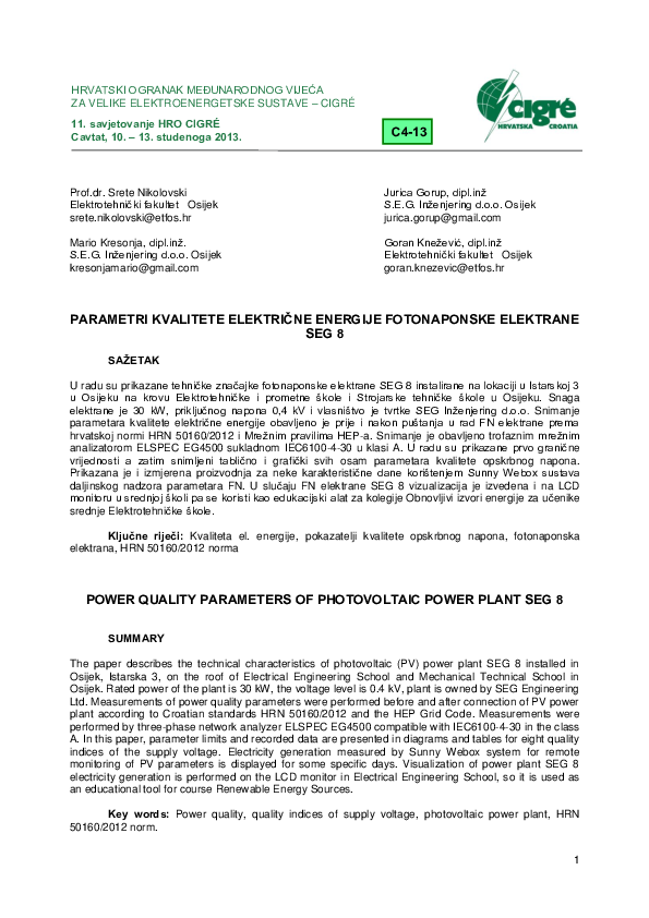 (PDF) Parametri Kvalitete Električne Energije Fotonaponske Elektrane SEG 8