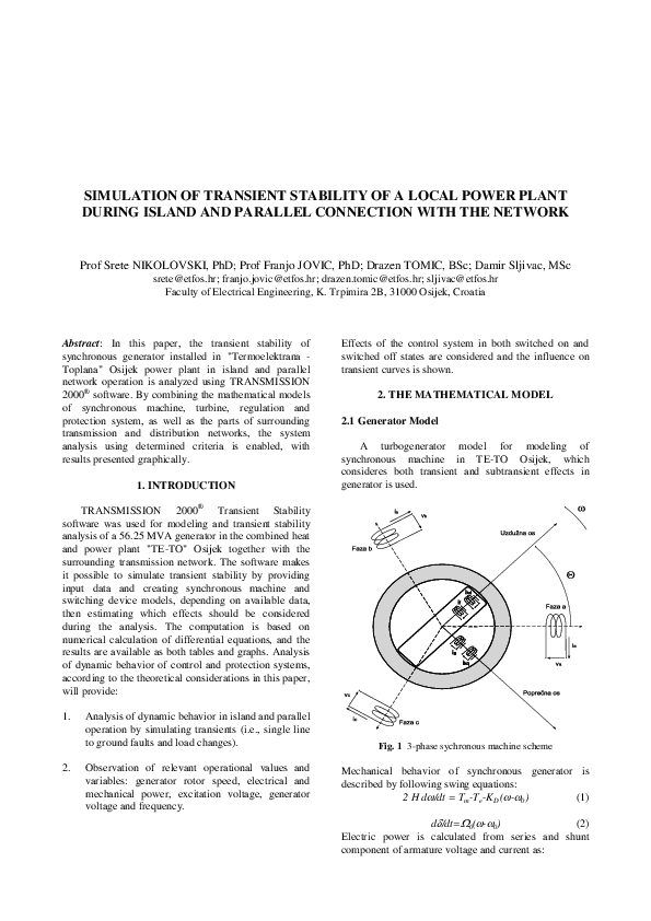 (PDF) Simulation of Transient Stability of a Local Power Plant During Island and Parallel ...