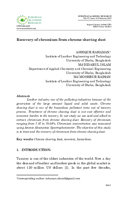 (PDF) Recovery of chromium from chrome shaving dust