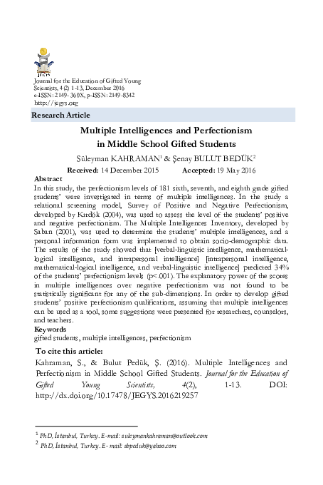 (PDF) Multiple Intelligences and Perfectionism in Middle School Gifted ...