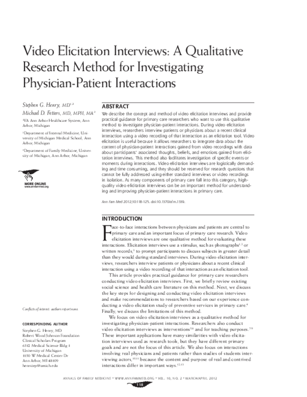 (PDF) Video Elicitation Interviews: A Qualitative Research Method for Investigating Physician ...