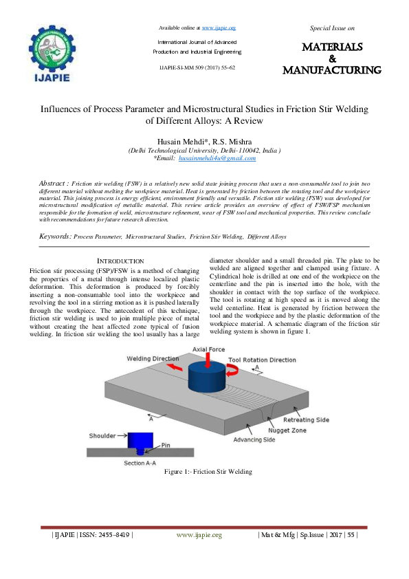 (PDF) Influences of Process Parameter and Microstructural Studies in Friction Stir Welding of ...