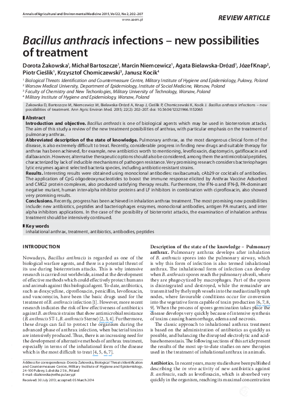 (PDF) Bacillus anthracis infections – new possibilities of treatment