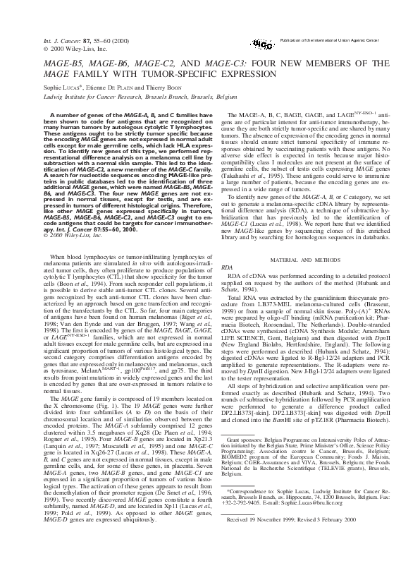 (PDF) MAGEB5, MAGEB6, MAGEC2, and MAGEC3: four new members of the MAGE ...