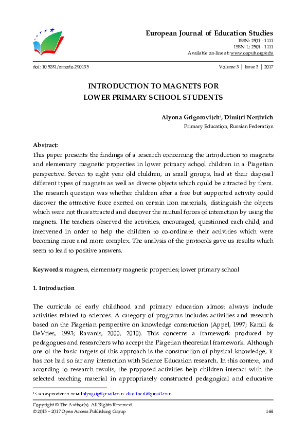 (PDF) INTRODUCTION TO MAGNETS FOR LOWER PRIMARY SCHOOL STUDENTS