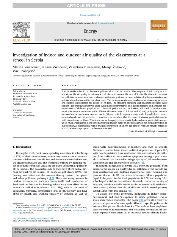 (PDF) Investigation of indoor and outdoor air quality of the classrooms ...