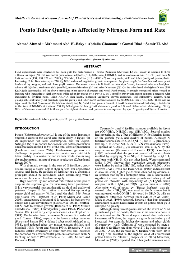 (PDF) Potato Tuber Quality as Affected by Nitrogen Form and Rate