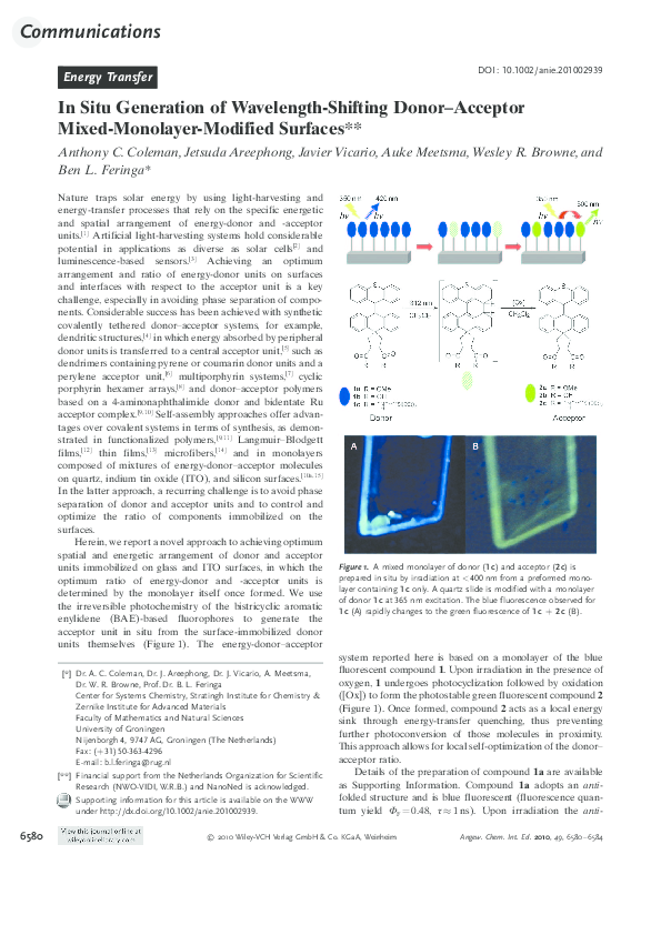 (PDF) In Situ Generation of Wavelength-Shifting Donor-Acceptor Mixed-Monolayer-Modified Surfaces