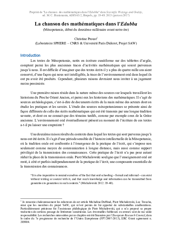 (PDF) La chanson des mathématiques dans l'Edubba (2015, parution 2017)
