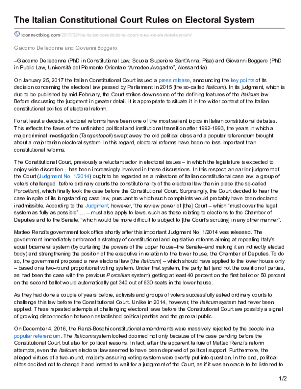 (PDF) The Italian Constitutional Court Rules on Electoral System