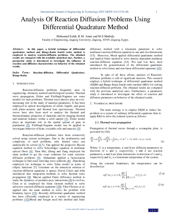 (PDF) Analysis Of Reaction Diffusion Problems Using Differential Quadrature Method