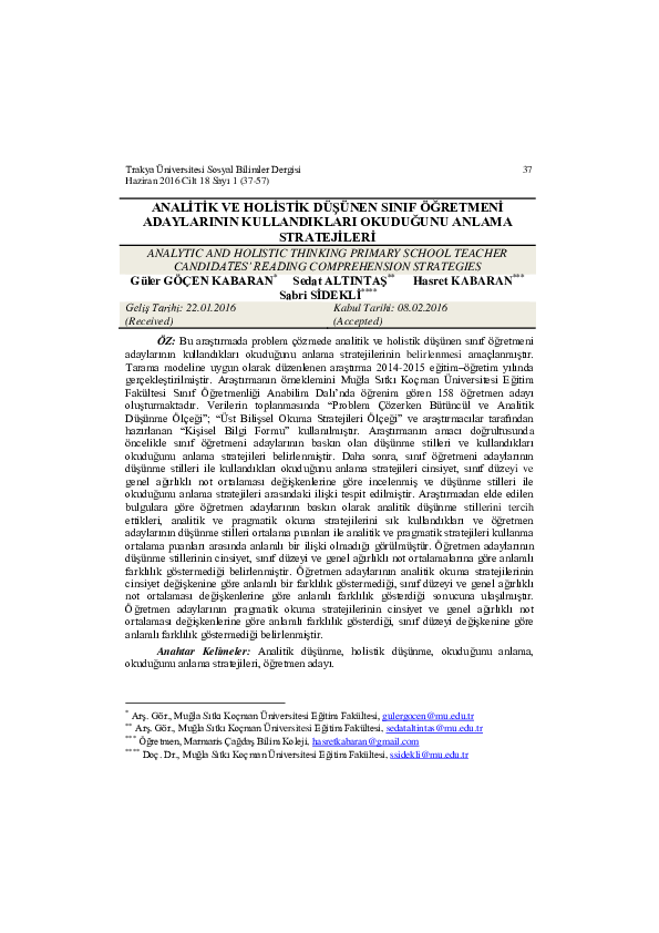 (PDF) ANALİTİK VE HOLİSTİK DÜŞÜNEN SINIF ÖĞRETMENİ ADAYLARININ KULLANDIKLARI OKUDUĞUNU ANLAMA ...