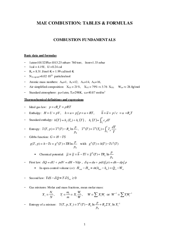 (PDF) MAE COMBUSTION: TABLES & FORMULAS COMBUSTION FUNDAMENTALS