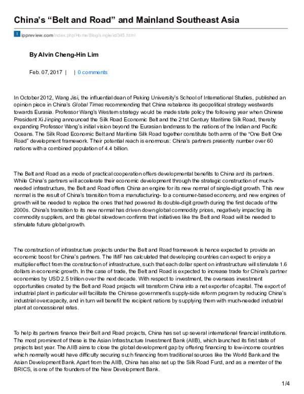 (PDF) China's "Belt and Road" and Mainland Southeast Asia