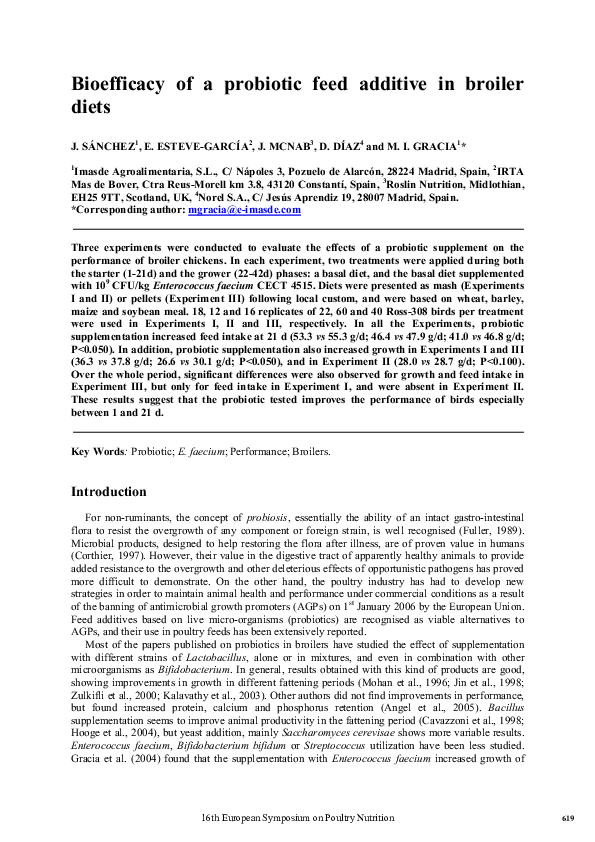 (PDF) Bioefficacy of a probiotic feed additive in broiler diets
