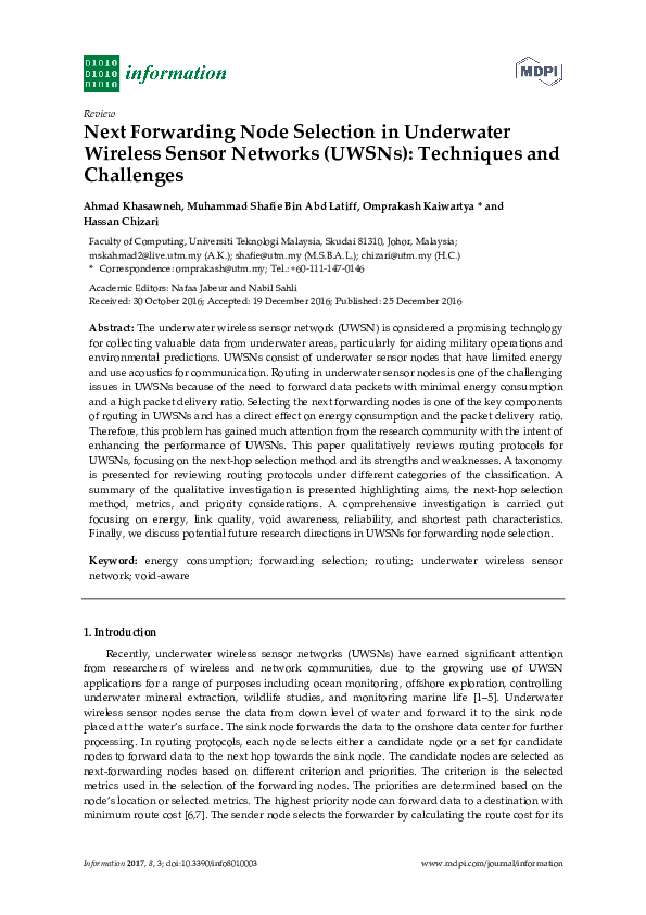 Pdf Next Forwarding Node Selection In Underwater Wireless Sensor Networks Uwsns Techniques