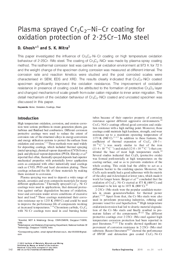 (PDF) Plasma sprayed Cr 3 C 2 –Ni–Cr coating for oxidation protection ...