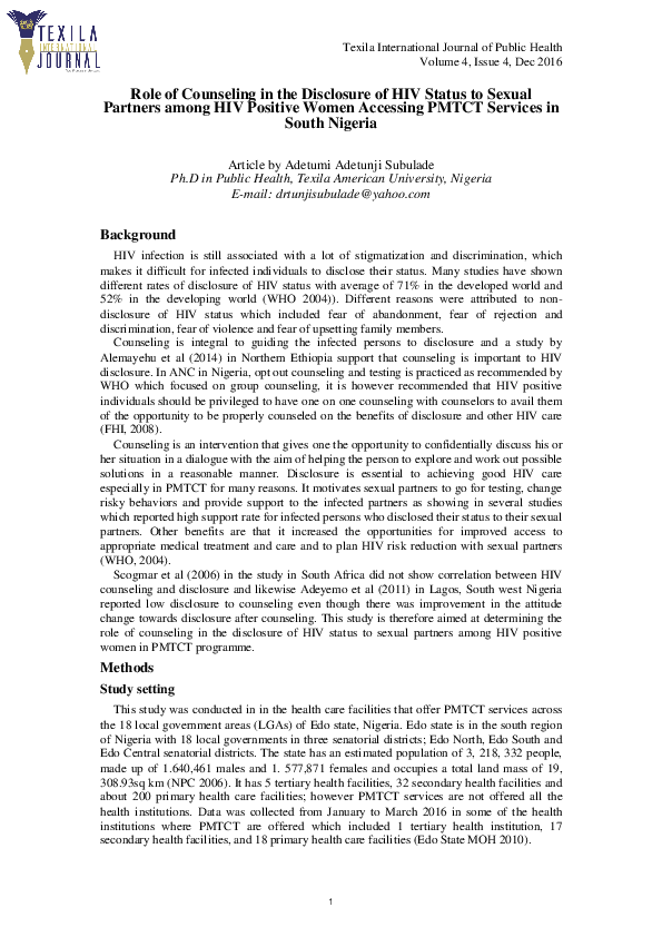 (PDF) Role of Counseling in the Disclosure of HIV Status to Sexual ...
