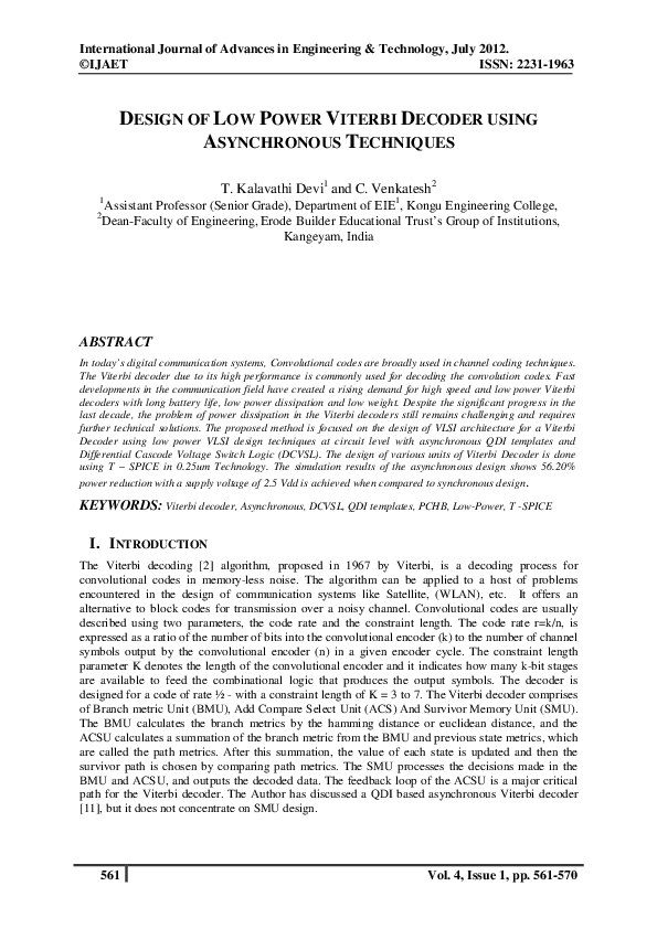 (PDF) Design of Low Power Viterbi Decoder using Asynchronous Techniques (PDF) Design of Low Power Viterbi Decoder using Asynchronous Techniques