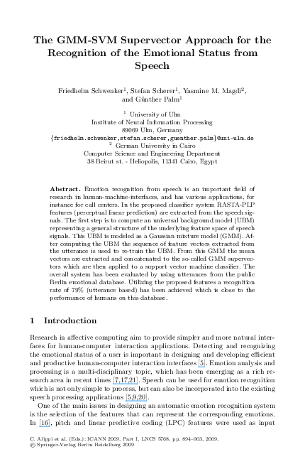(PDF) The GMM-SVM supervector approach for the recognition of the emotional status from speech