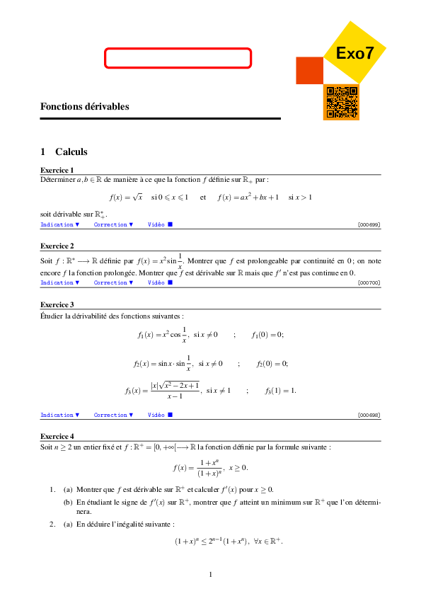 (PDF) Exo7 Fonctions dérivables 1 Calculs