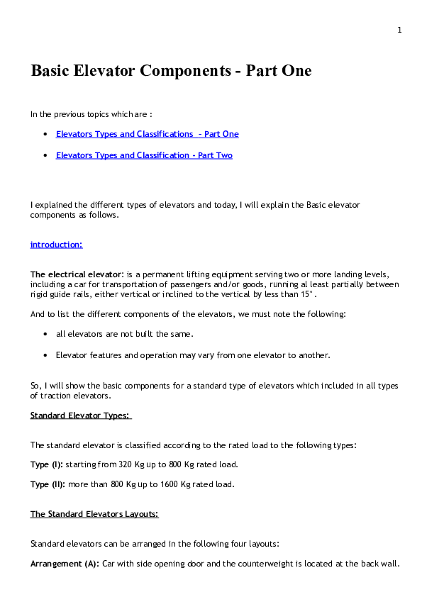 (DOC) Basic Elevator Components -Part One Elevators Types and Classifications – Part One ...