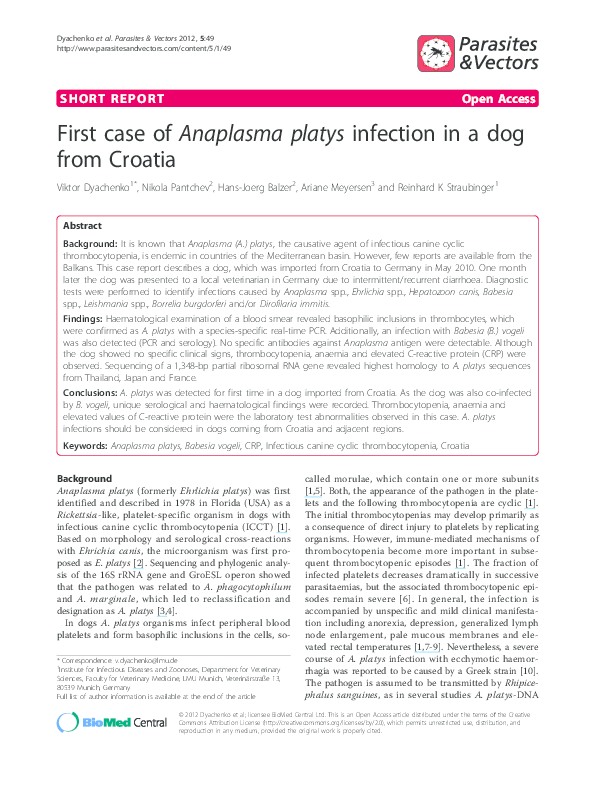 (PDF) First case of Anaplasma platys infection in a dog from Croatia