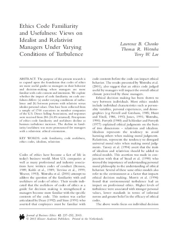 (PDF) Ethics code familiarity and usefulness: views on idealist and ...