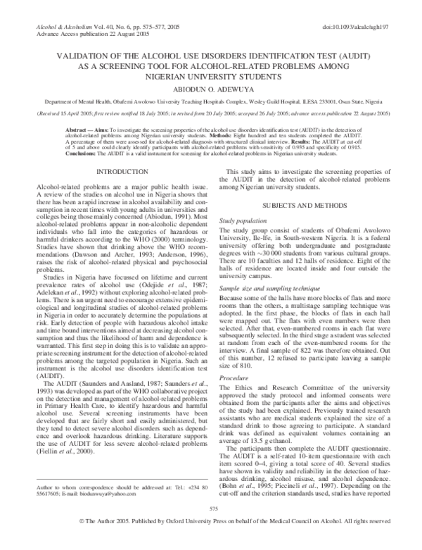 (PDF) Validation of the Alcohol Use Disorders Identification Test ...
