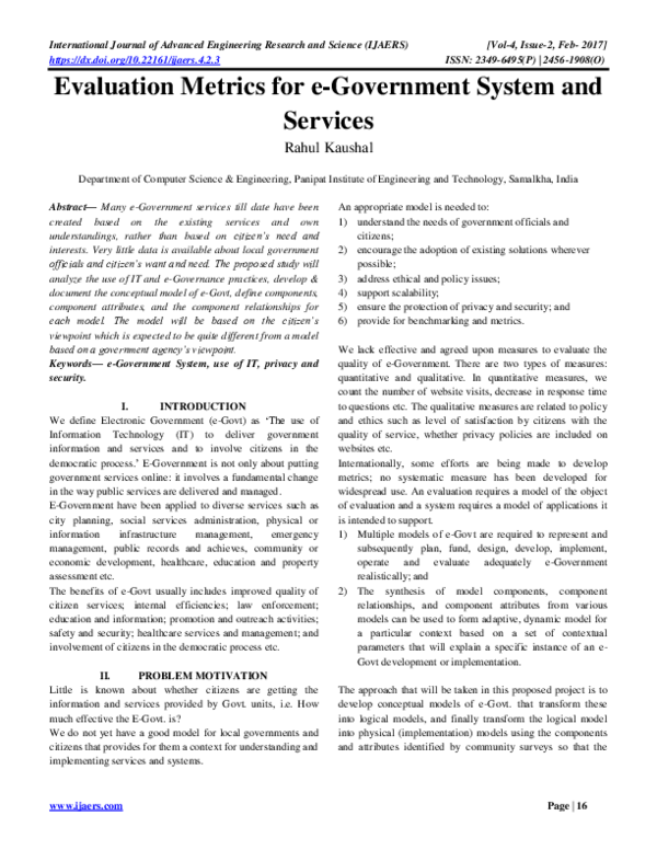 (PDF) Evaluation Metrics for e-Government System and Services