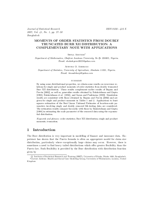 Pdf Moments Of Order Statistics From Doubly Truncated Burr Xii Distribution A Complementary