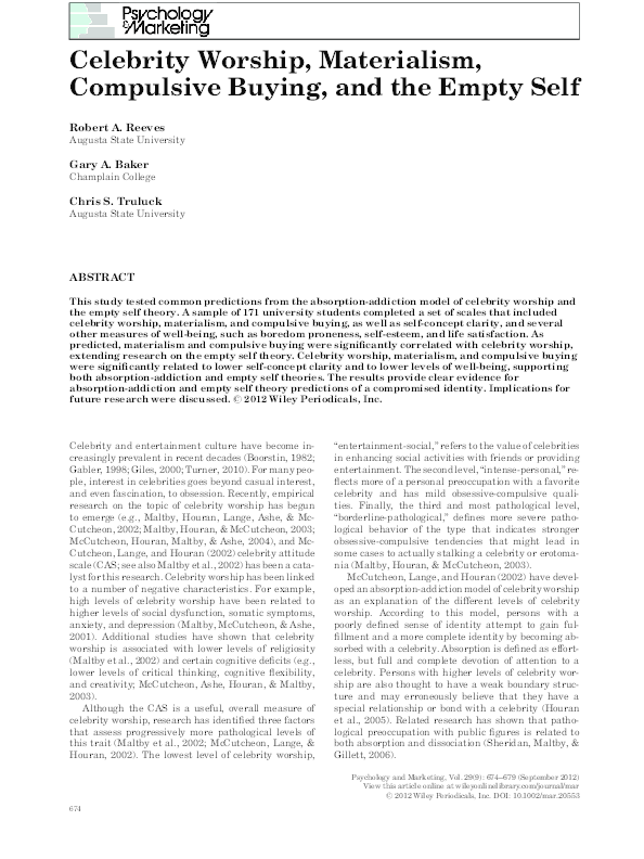 (PDF) Celebrity Worship, Materialism, Compulsive Buying, and the Empty Self