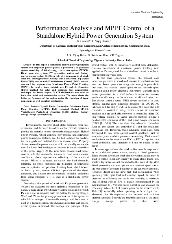 (PDF) performance analysis and MPPT control of Hybrid power Generation System