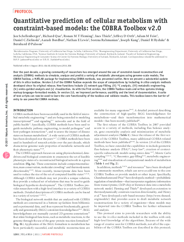 (PDF) Quantitative prediction of cellular metabolism with constraint-based models: The COBRA ...