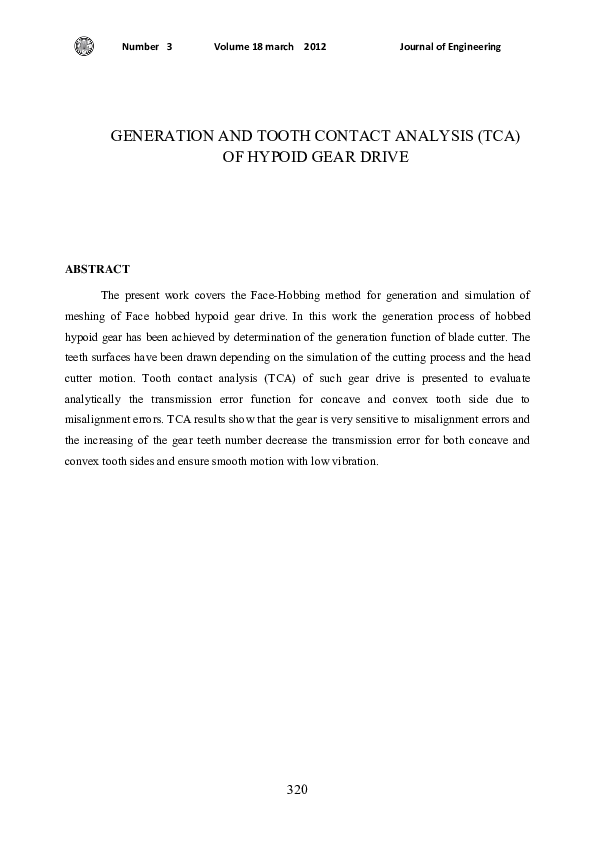 (PDF) Generation and Tooth Contact Analysis (TCA) of Hypoid Gear Drive