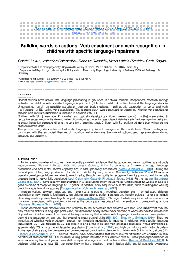 (PDF) Building words on actions: verb enactment and verb recognition in children with specific ...