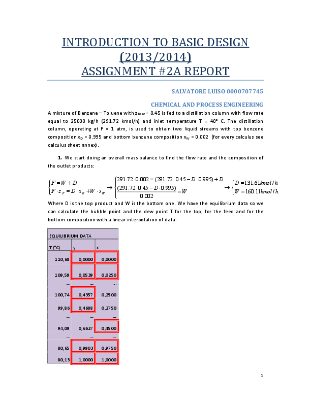 (PDF) Design of a distillation column for a Benzene/Toluene Mixture