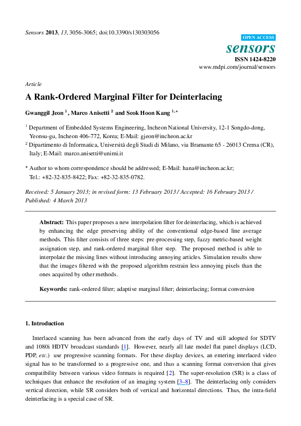 (PDF) A Rank-Ordered Marginal Filter for Deinterlacing