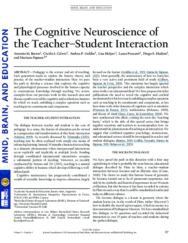 (PDF) The Cognitive Neuroscience of the Teacher-Student Interaction
