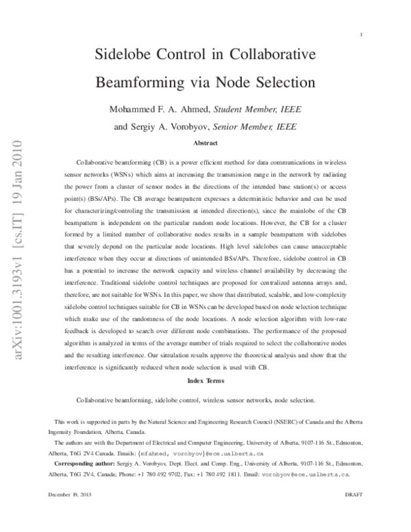 (PDF) Sidelobe Control in Collaborative Beamforming via Node Selection