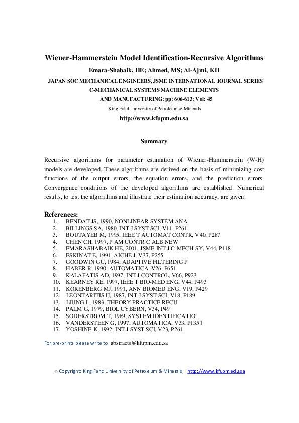 (PDF) Wiener-Hammerstein Model Identification-Recursive Algorithms