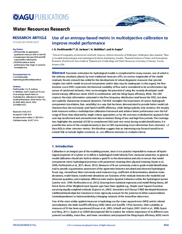 Pdf Use Of An Entropy Based Metric In Multiobjective Calibration To
