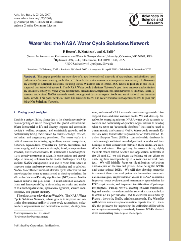 (PDF) WaterNet: the NASA Water Cycle Solutions Network