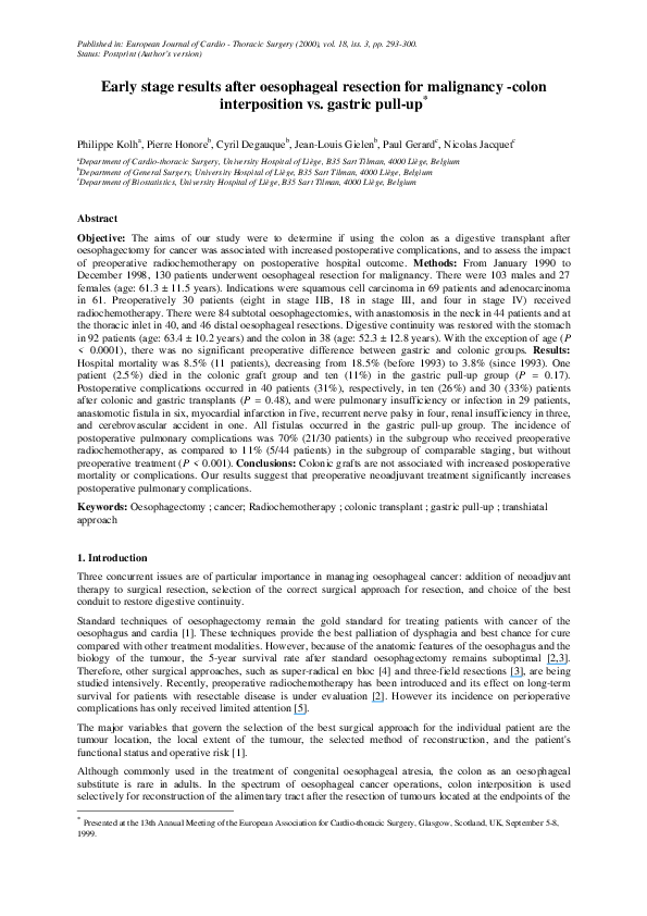 (PDF) Early stage results after oesophageal resection for malignancy ...